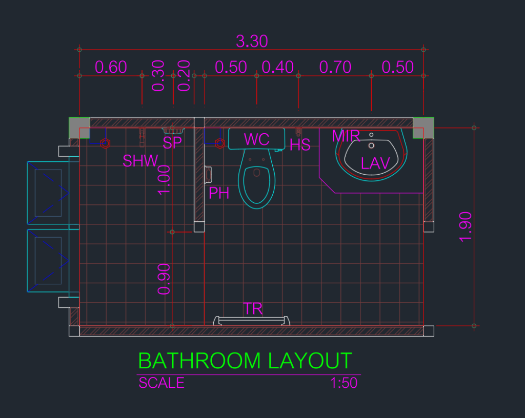 Bathroom Layout Size 3.3×1.9m DWG CAD Block for AutoCAD Design
