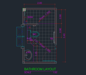 Bathroom Layout Size 3.4x2m DWG CAD Block | AutoCAD Drawing