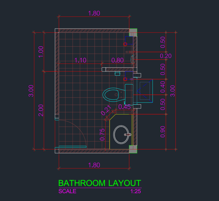 Bathroom Layout Size 3×1.8m DWG CAD Block for AutoCAD Design